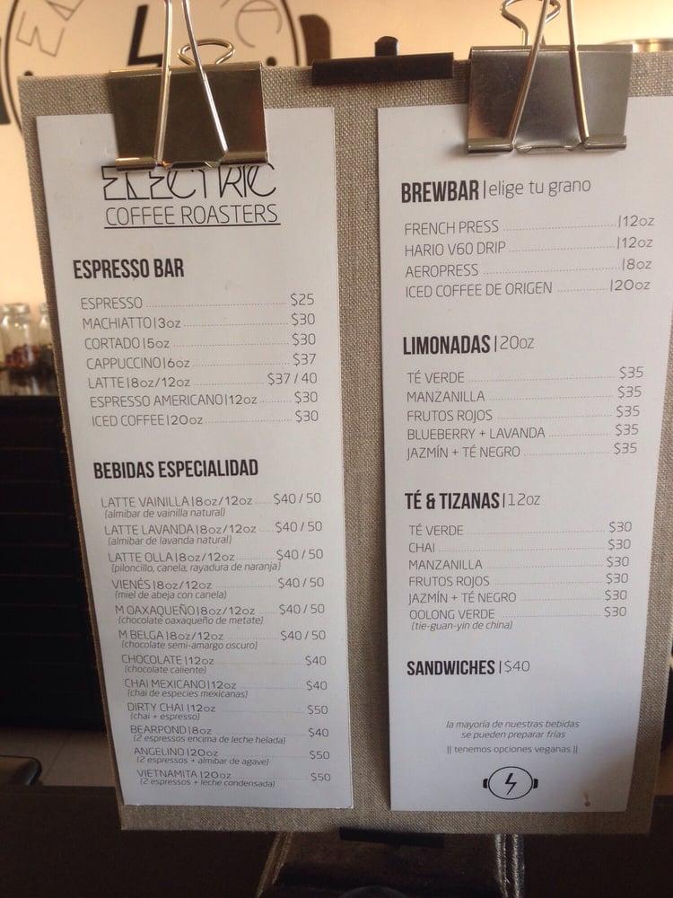Carta del café ELECTRIC COFFEE ROASTERS, Tijuana, Av. Hipódromo 9- A