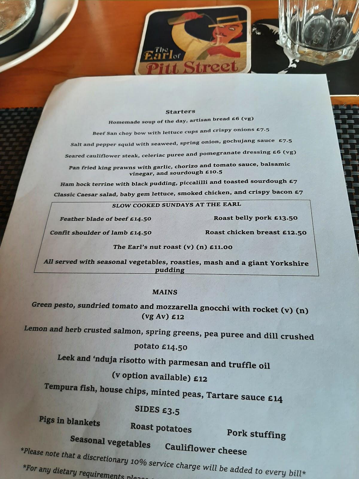 Menu at Earl of Pitt Street pub & bar, Newcastle upon Tyne