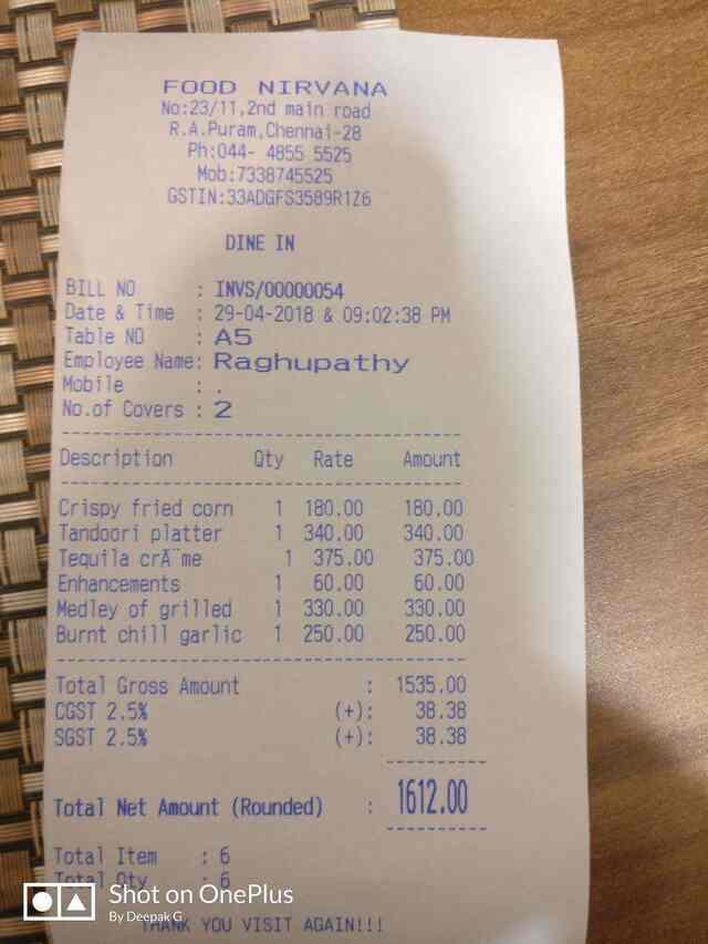 Menu at Food Nirvana, Chennai, 23/11