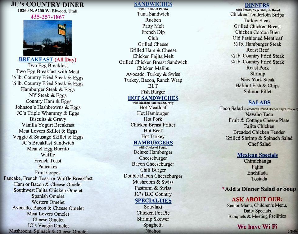 Menu at J C's Country Diner restaurant, Tremonton