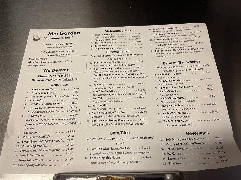 Menu at Mei Garden Asian fusion, Thai Vietnamese chinese food ...