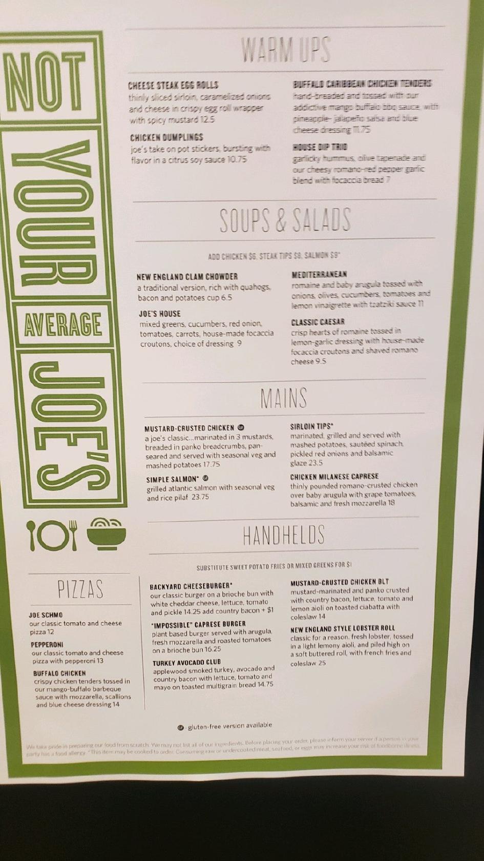 Menu at Not Your Average Joes pub & bar, Boston