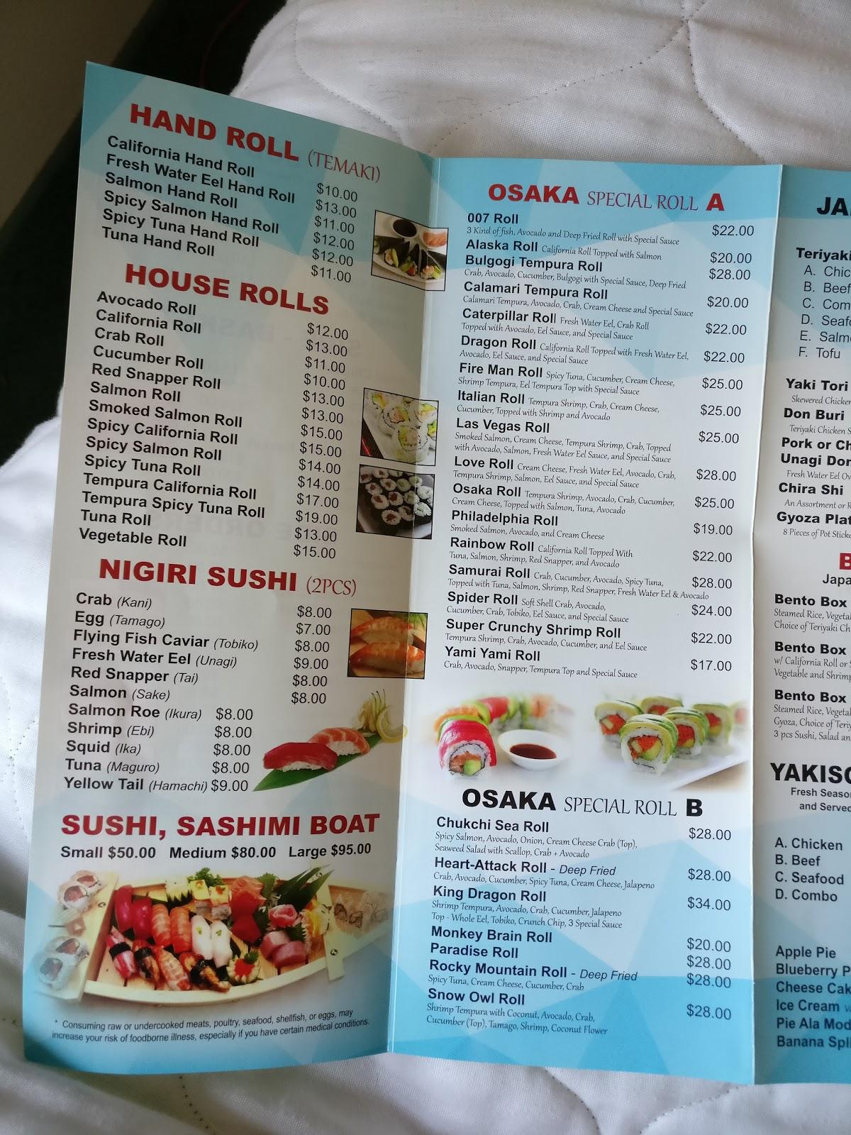 Menu at Osaka Restaurant, Utqiagvik