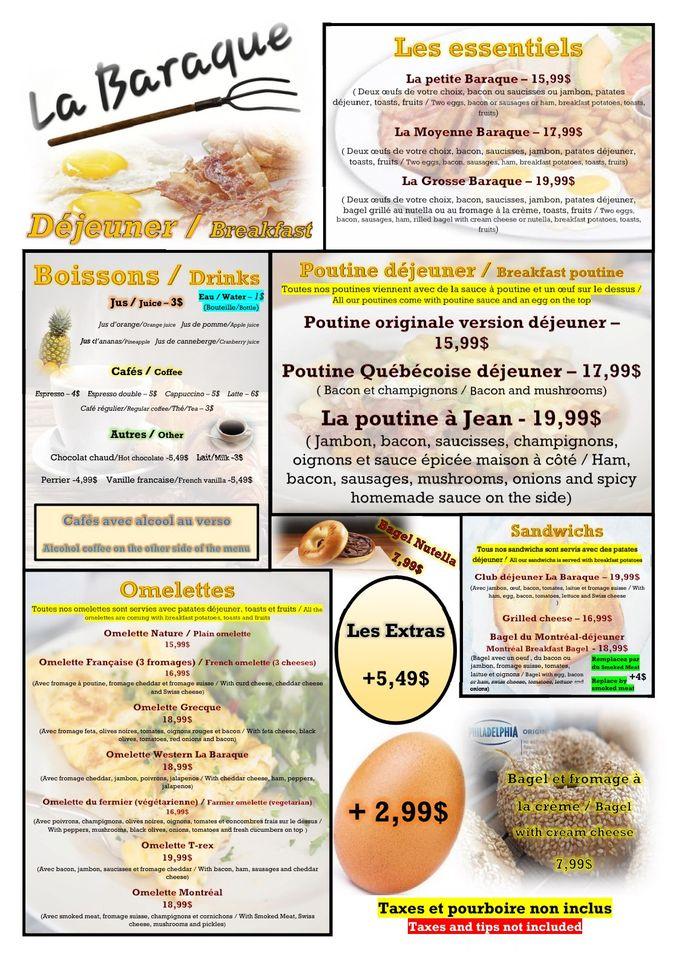 Carta de Resto-Bar-Café-Breakfast LA BARAQUE, Montréal