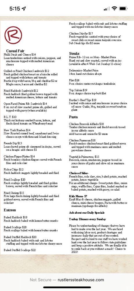 Menu at Rustlers Steak House steakhouse, Windham