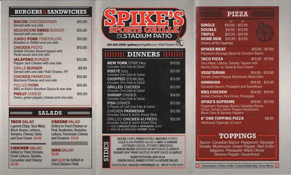 Menu at Spike's Sports Grille pub & bar, Crossville
