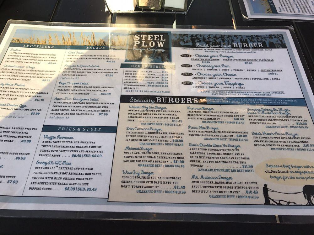 Menu at Steel Plow Burger Company fast food, Moline