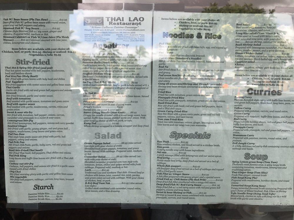 Menu at Thai Lao Restaurant, Kapolei, 563 Farrington Hwy #103