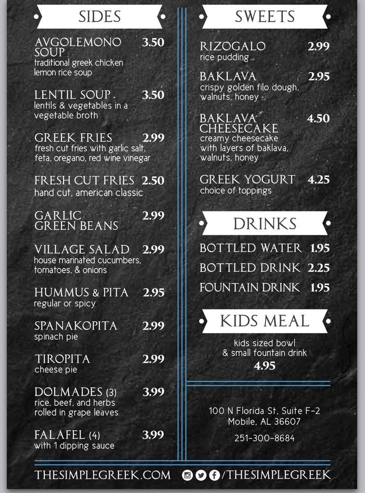 Menu at The Simple Greek restaurant, Mobile