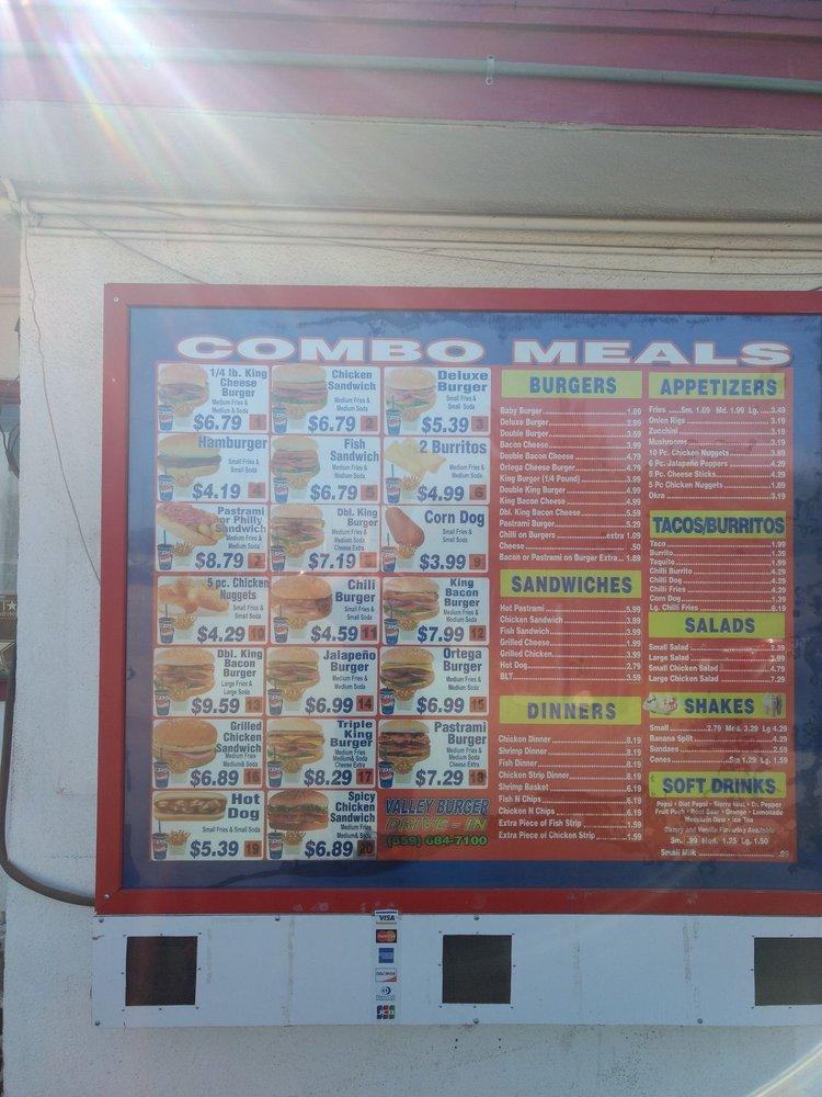 Menu at Valley Burger Drive-In restaurant, Tulare