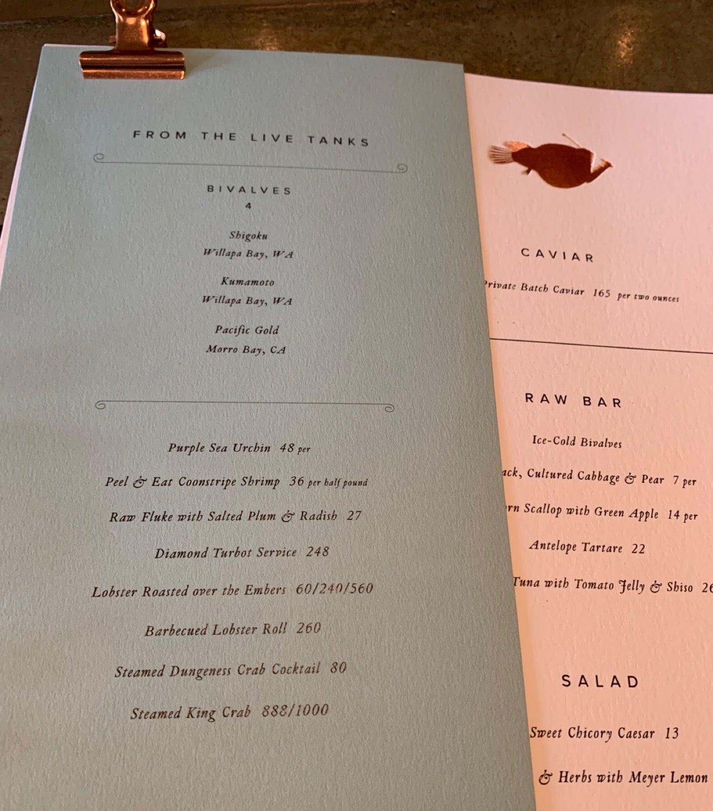 Menu at Angler steakhouse, San Francisco