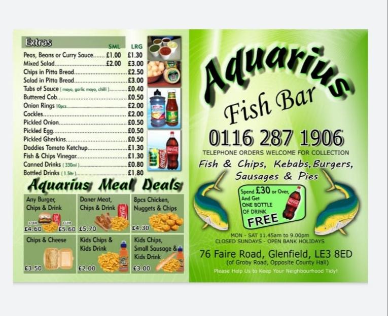 Menu at Aquarius Fish Bar, Leicester