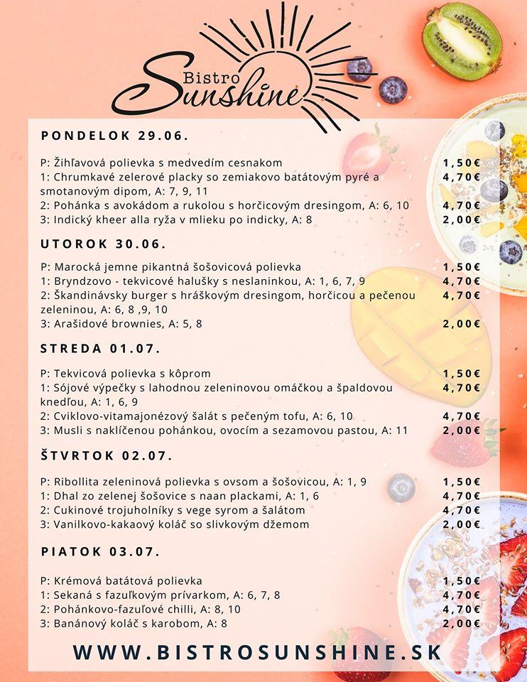 Menu at Bistro Sunshine restaurant, Levice, Červenej armády 321/28