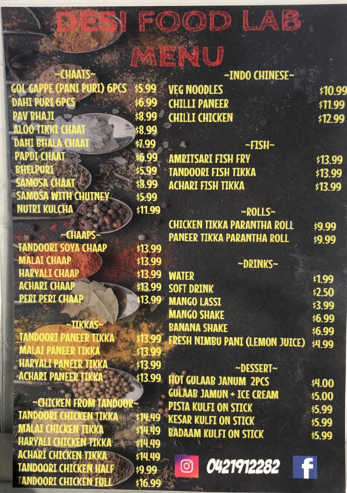 Menu at Desi Food Lab restaurant, Wollert