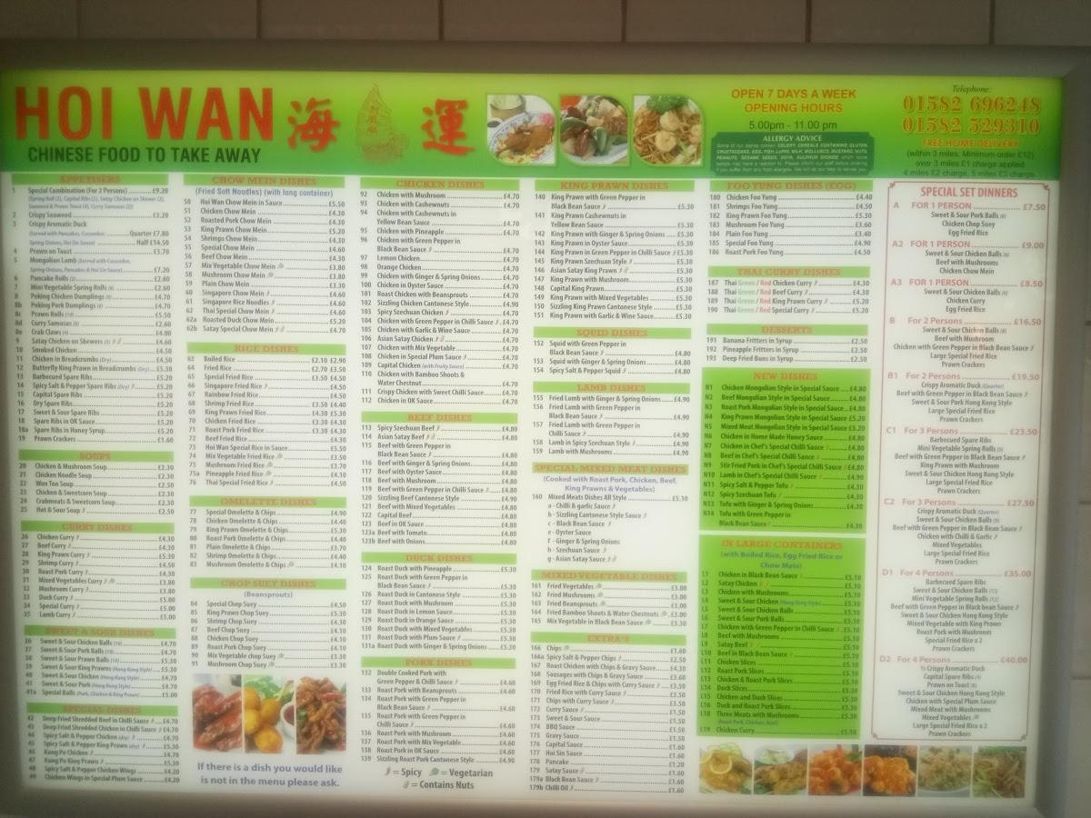 Menu at Hoi Wan fast food, Dunstable