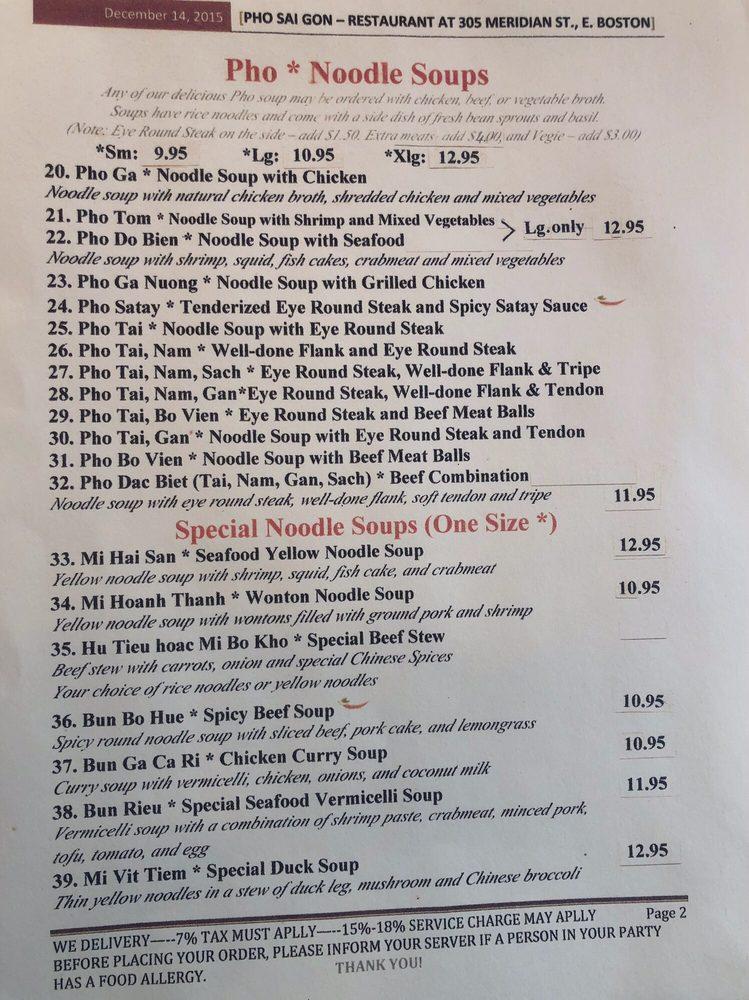 Menu at Saigon Hut restaurant, Boston