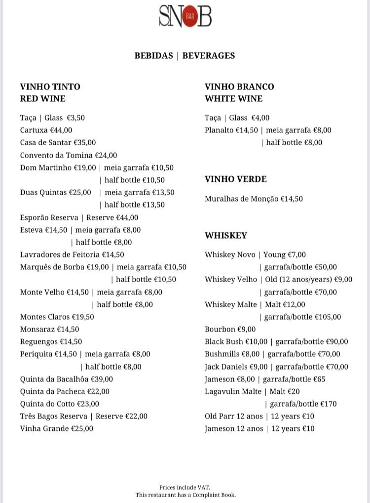 Menu at Snob Bar, Lisbon