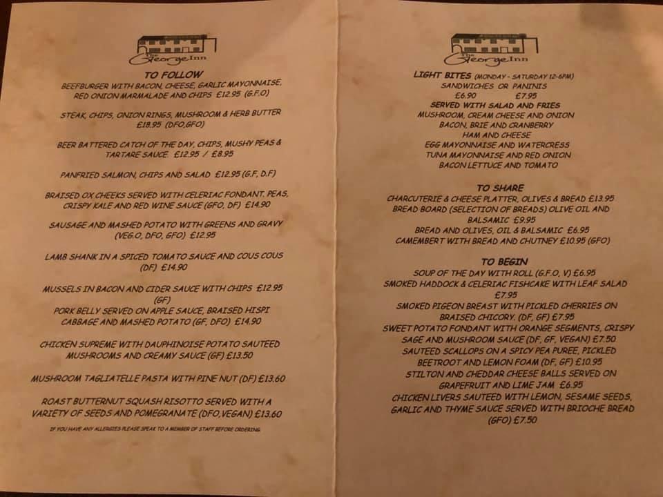 Menu at The George pub & bar, Nunney