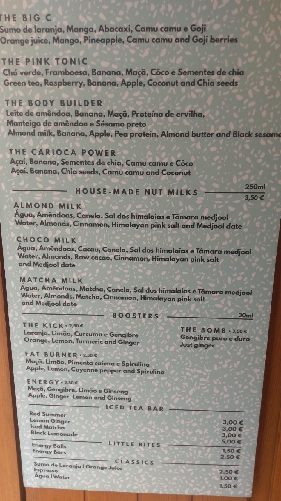 Menu at YAO Pressed Juicery pub & bar, Lisbon