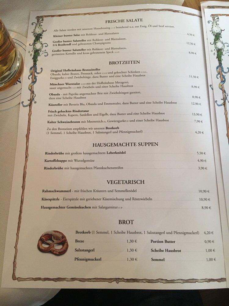 Speisekarte von Hofbräuhaus restaurant, München, Platzl 9