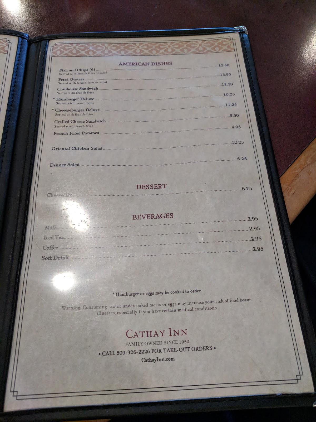 Menu at Cathay Inn restaurant, Spokane