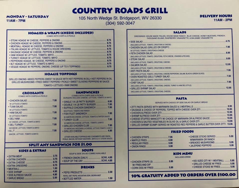 Menu at Country Roads Grill restaurant, Bridgeport, 105 N Wedge St