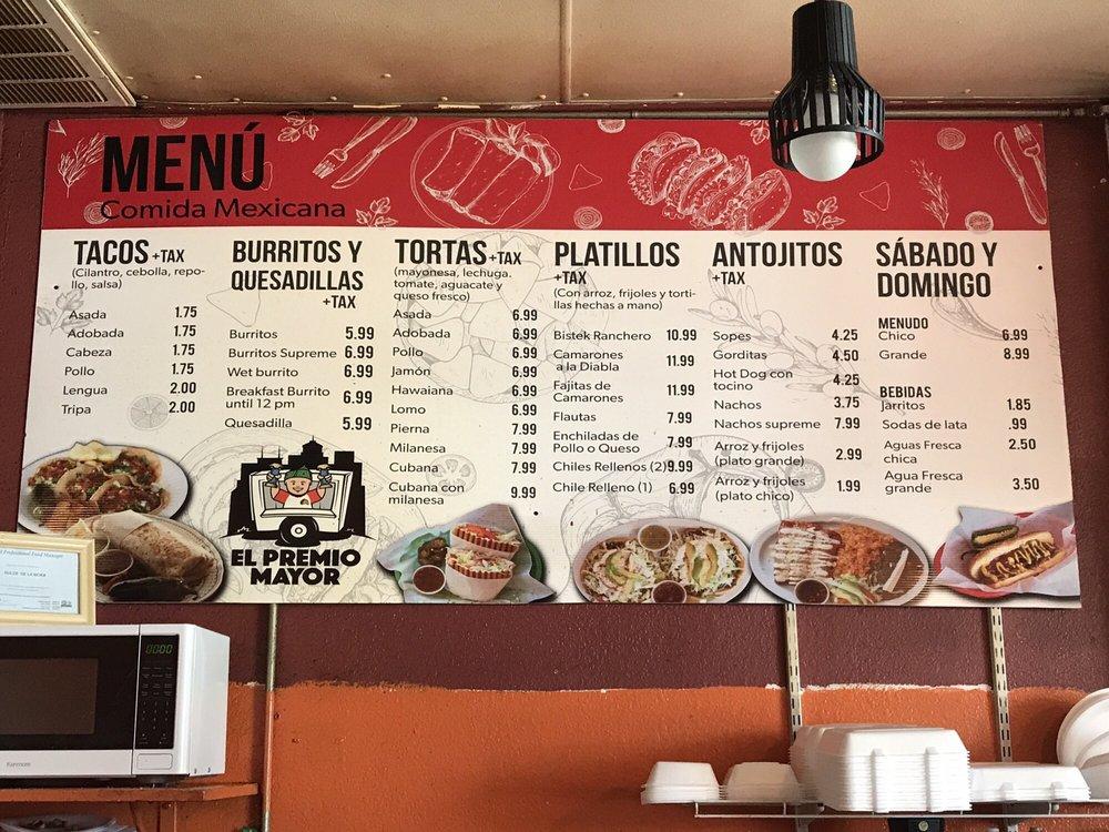 Menu at El Premio Mayor restaurant, Fresno, E McKinley Ave