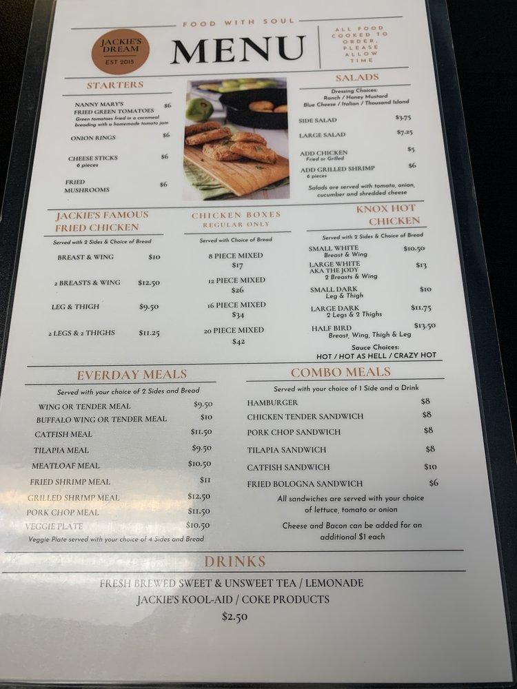 Menu at Jackie's Dream restaurant, Knoxville, E Woodland Ave