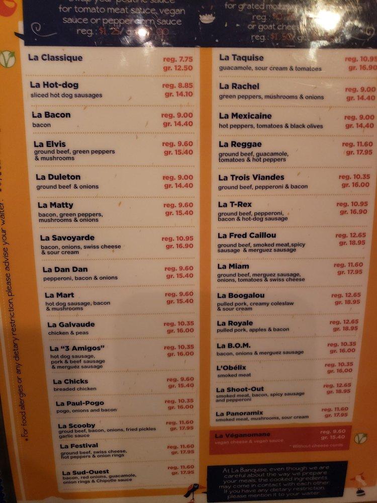 Carta del restaurante La Banquise, Montréal