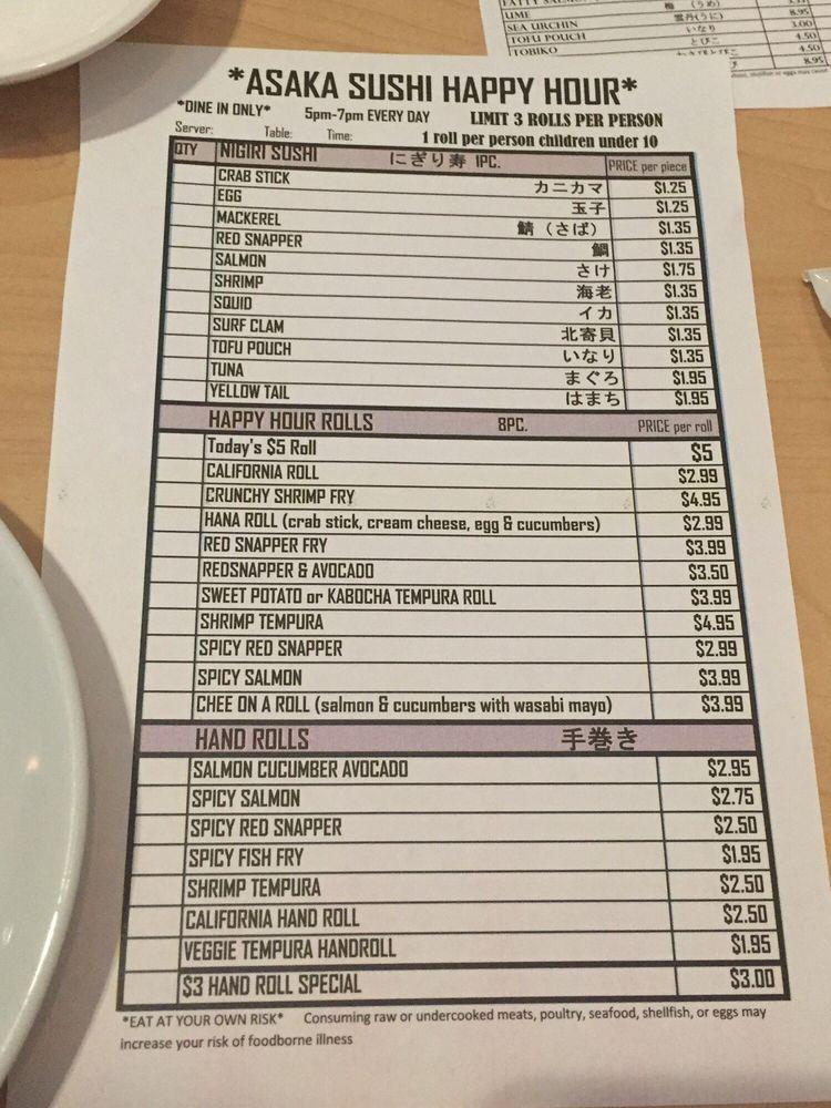 Menu at Asaka Japanese Restaurant, Indianapolis