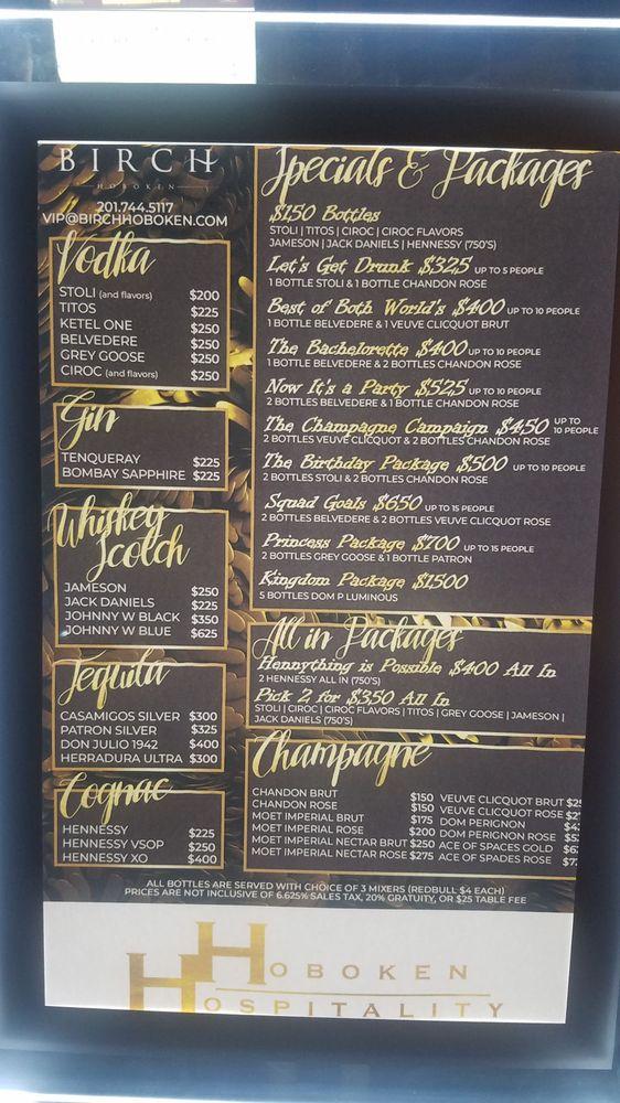 Menu at Birch Hoboken club, Hoboken, 92 River St