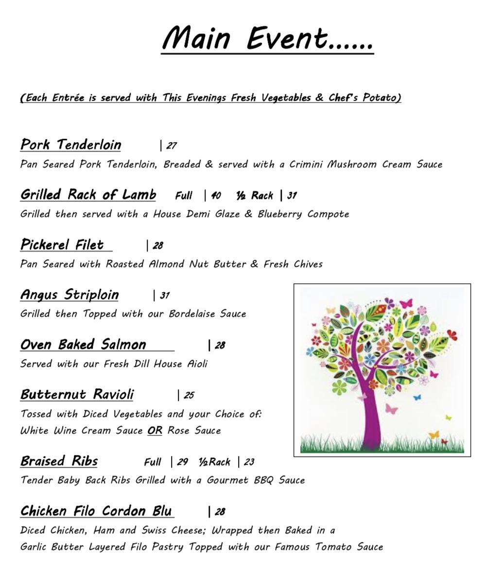 Menu at Bonnie View Inn restaurant, Canada