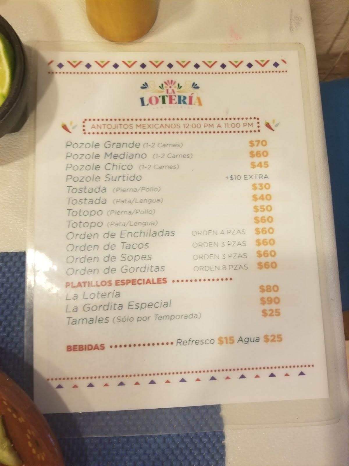 Menu at La Lotería restaurant, Puerto Vallarta