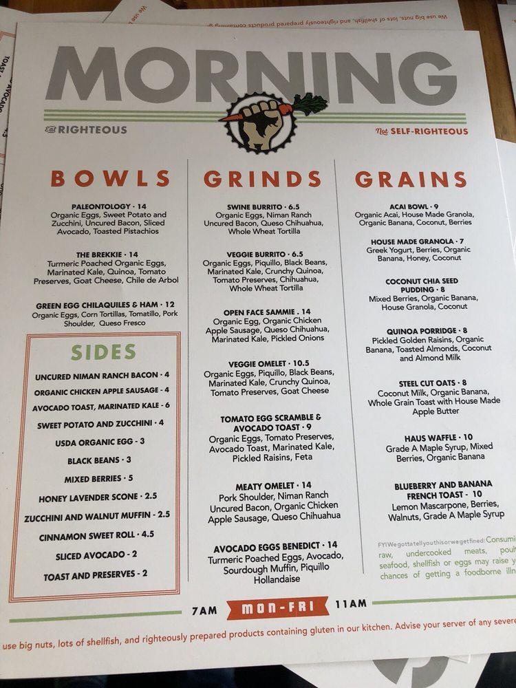 Menu at Righteous Foods cafe, Fort Worth