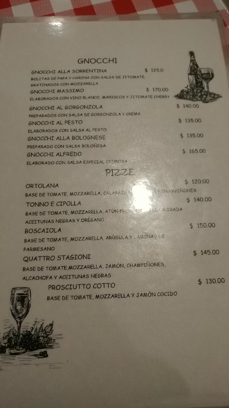 Carta del restaurante Rosso di Sera, Ciudad del México