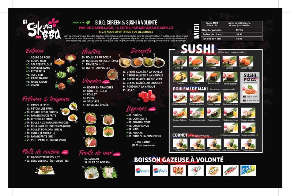 Menu au Sakura BBQ Coréen, Québec