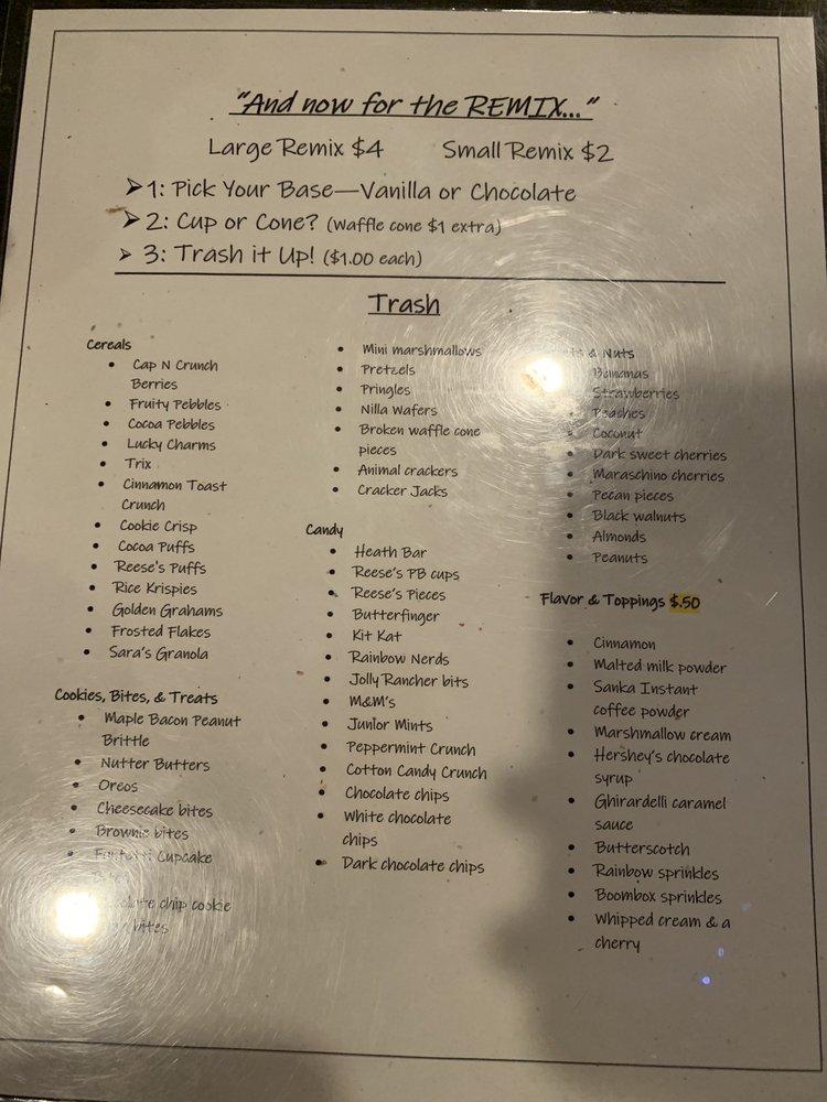 Menu at Trash Ice Cream restaurant, Bentonville