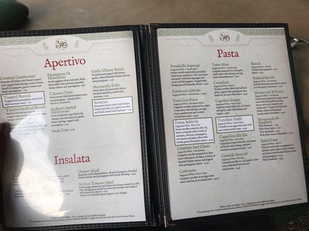 Menu at Zia's on The Hill restaurant, St. Louis