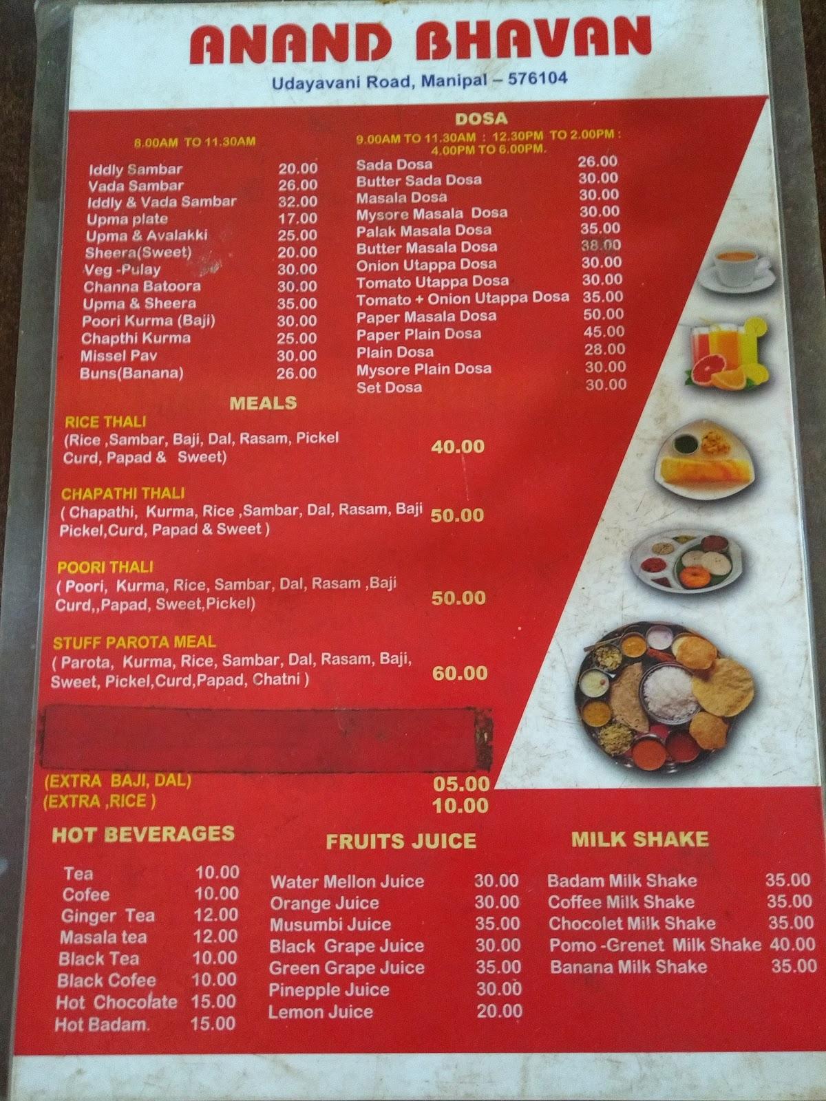 Menu at Anand Bhavan, Manipal