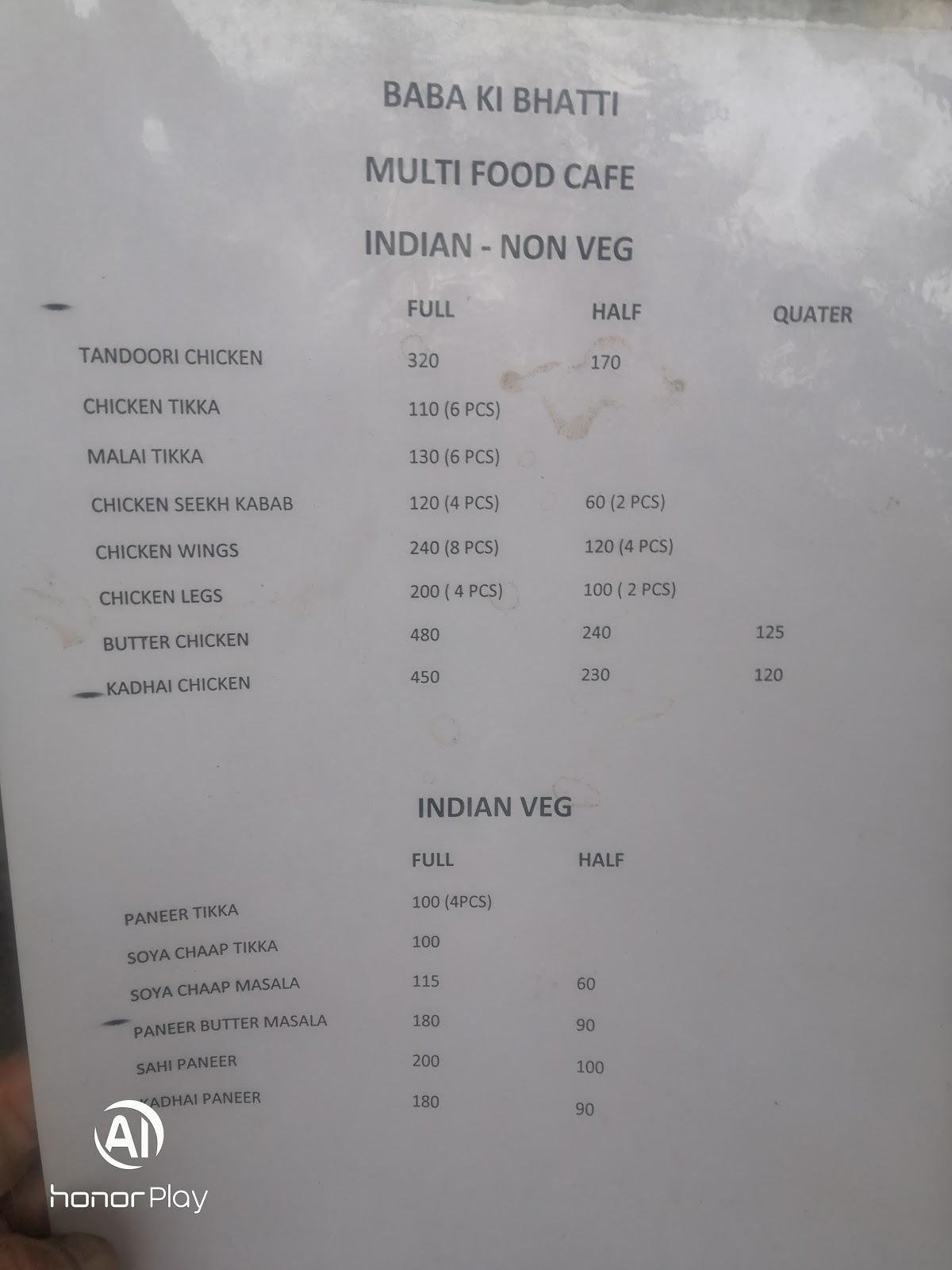 Menu at BABA KI BHATTI, Delhi