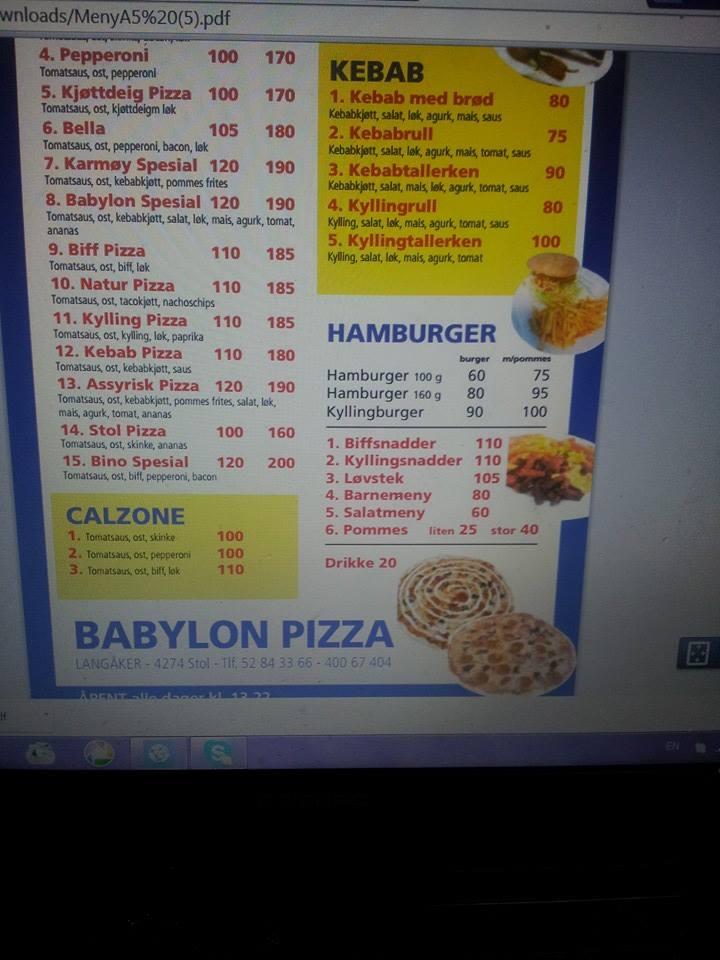Menu at Binel pizza pizzeria, Norway
