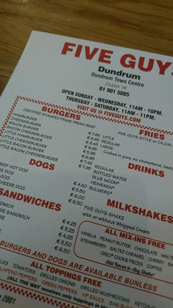 Menu at Five Guys fast food, Dublin, Dundrum Town Centre