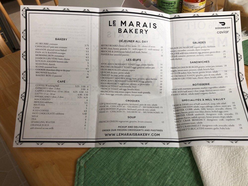 Menu at Le Marais Bakery, Mill Valley
