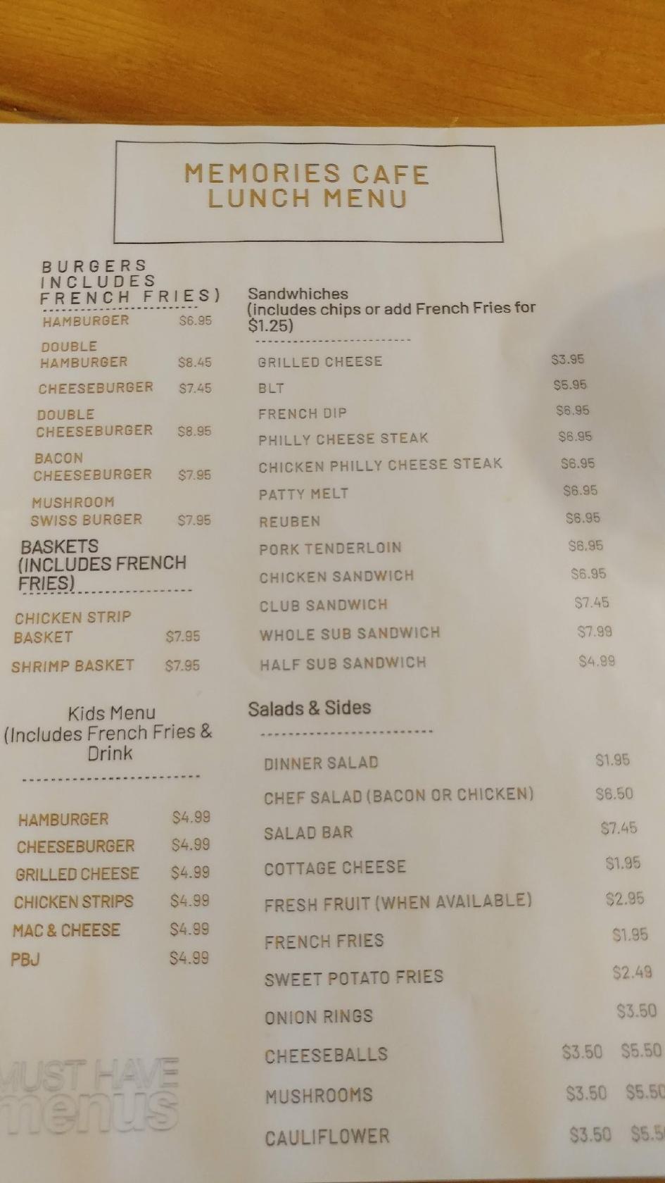 Menu at Memories Cafe, Oakland