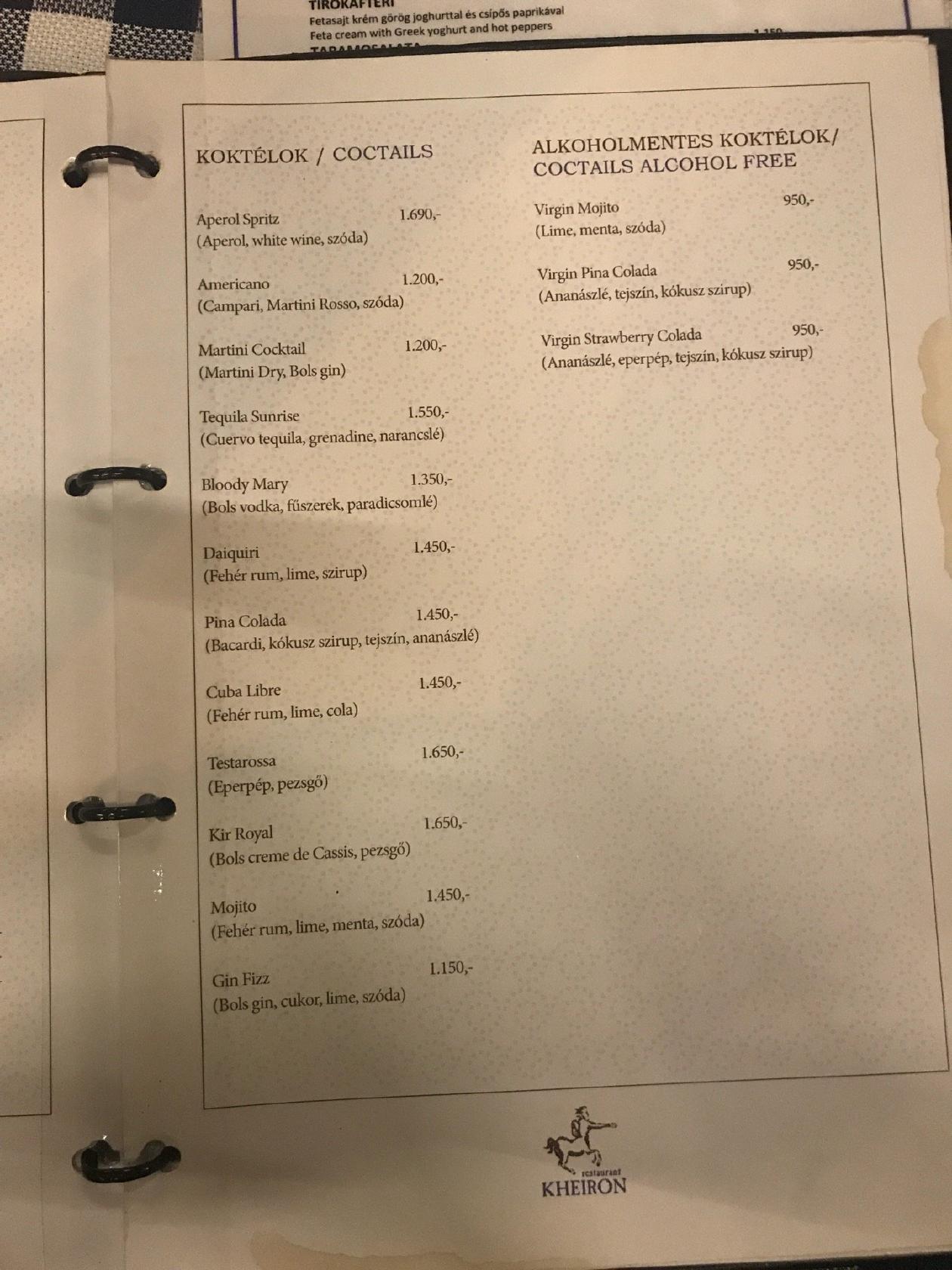 Menu at Mythos The Greek restaurant, Budapest