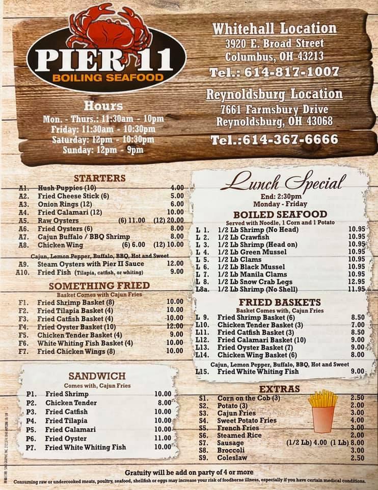 Menu at Pier 11 boiling seafood & bar, Reynoldsburg