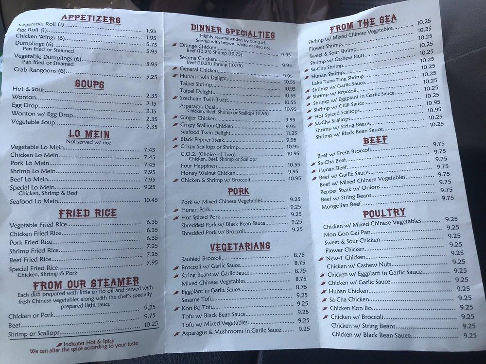 Menu at Taipei Express restaurant, Charlotte