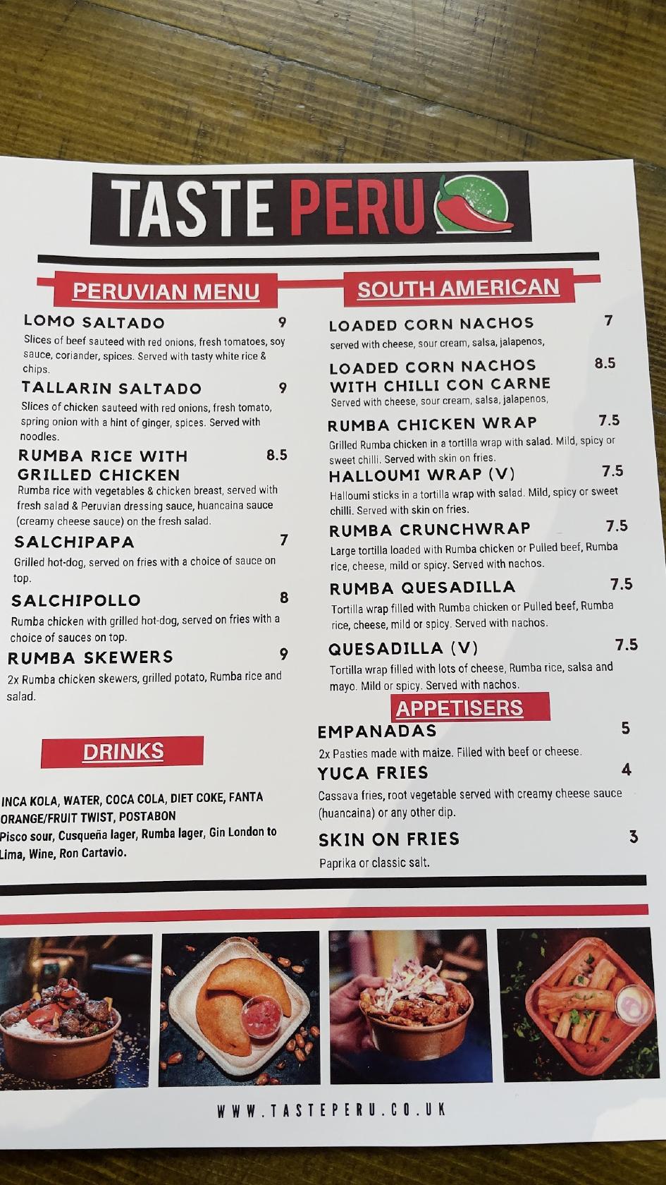 Menu at Taste Peru restaurant, Doncaster