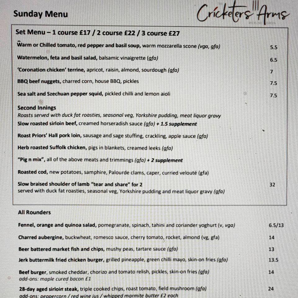 Menu at The Cricketers Arms, Rickling Green pub & bar, Quendon and Rickling