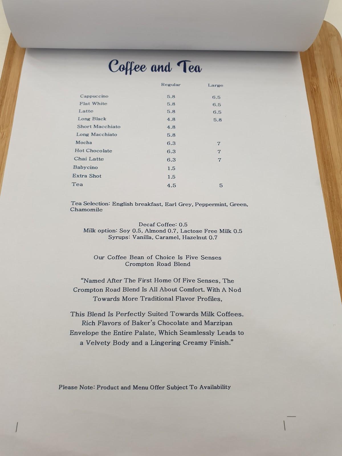 Menu at Three Bears cafe, Perth Airport